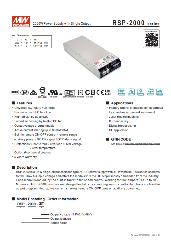 Meanwell RSP-2000-24 24V 80A Chassis Mount Power Supply